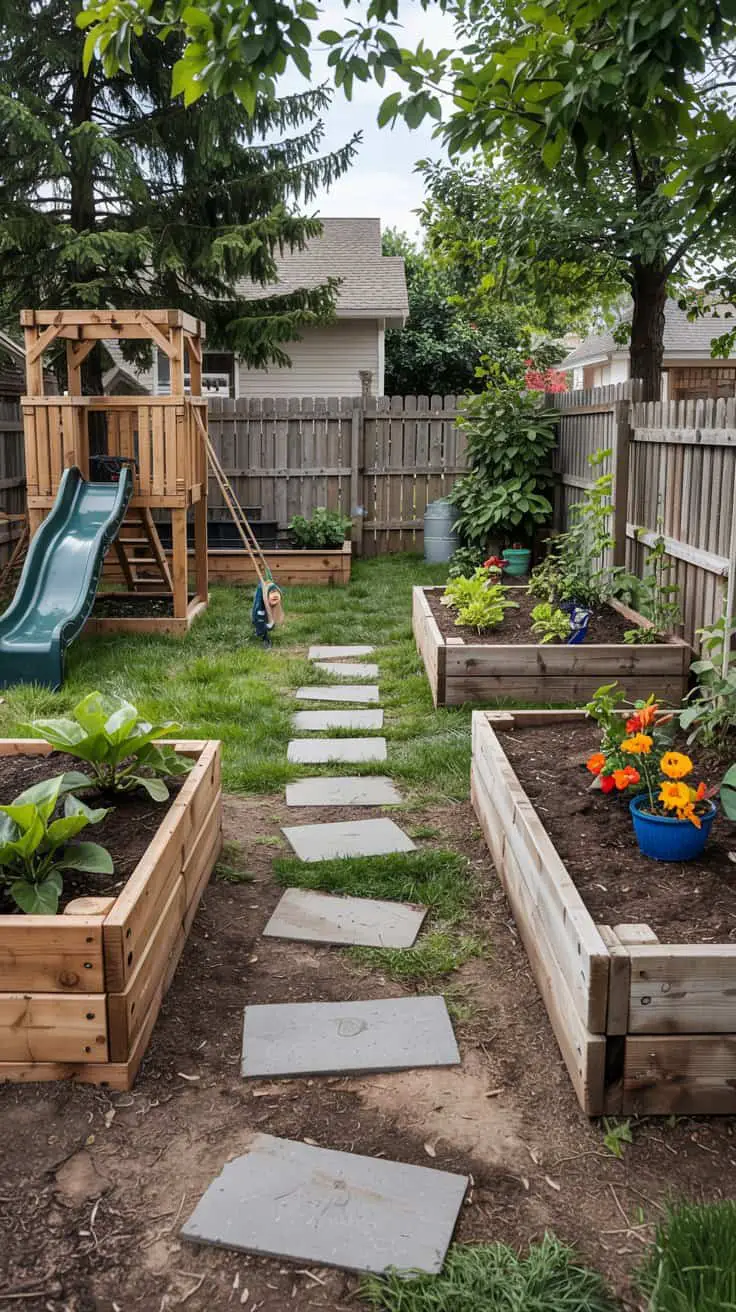 Family Backyard Play Spaces with Built-In Raised Bed Garden Beds ...