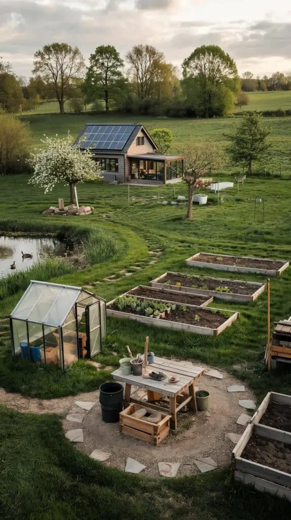 Spring Family Homestead Design with Raised Beds and Outdoor Work Zones ...