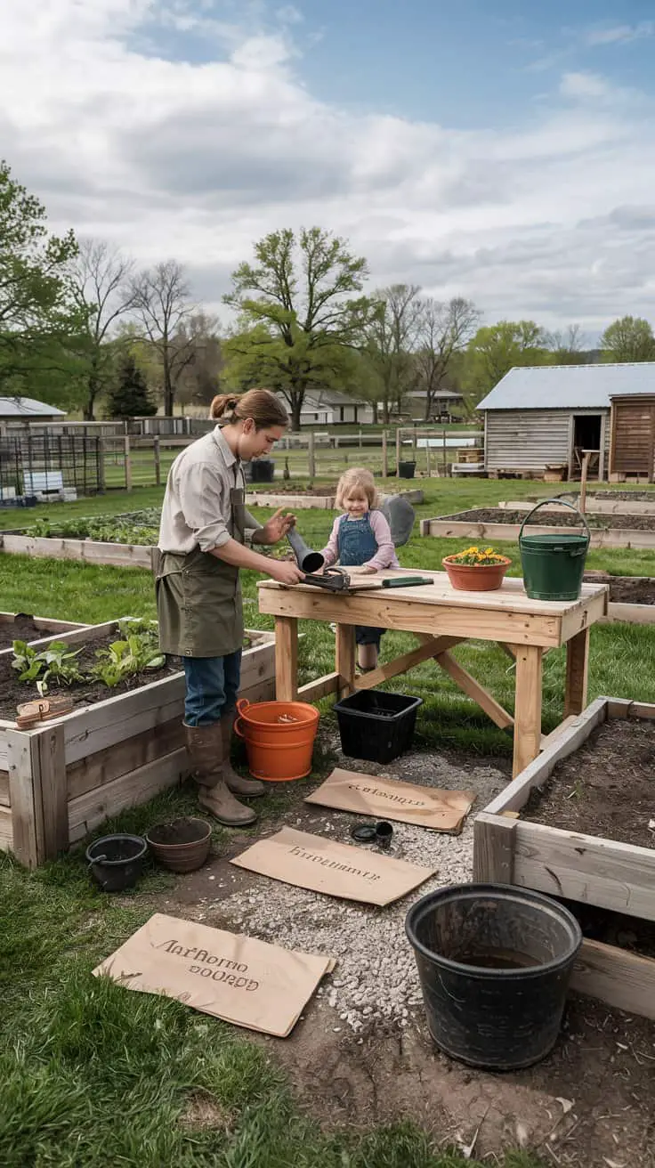 Spring Family Homestead Design with Raised Beds and Outdoor Work Zones ...