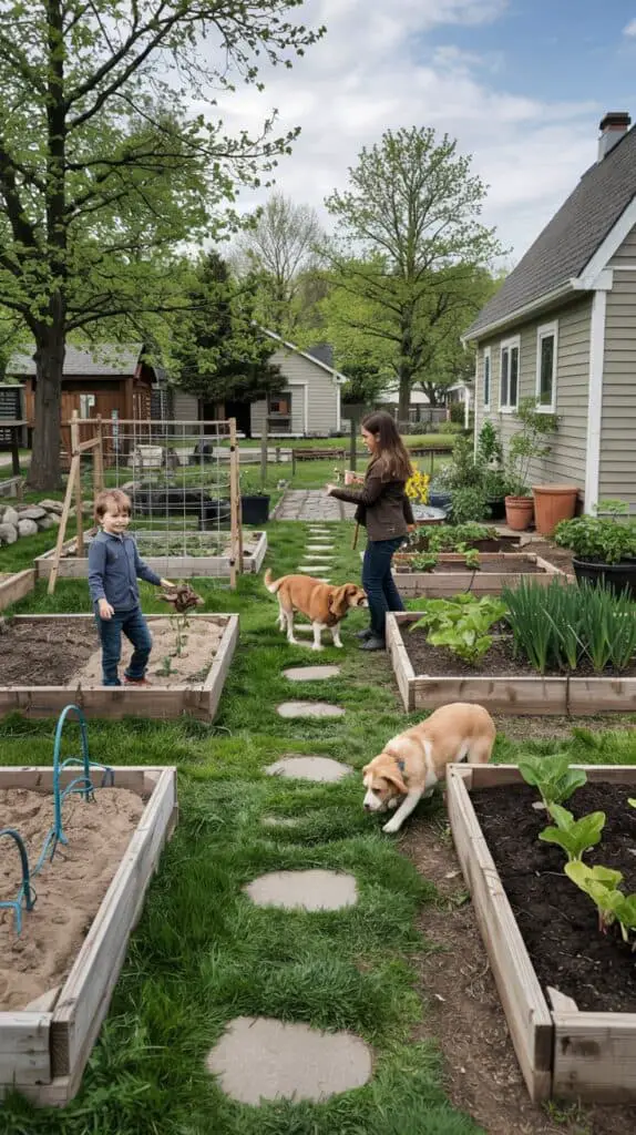 Spring Family Homestead Design with Raised Beds and Outdoor Work Zones ...